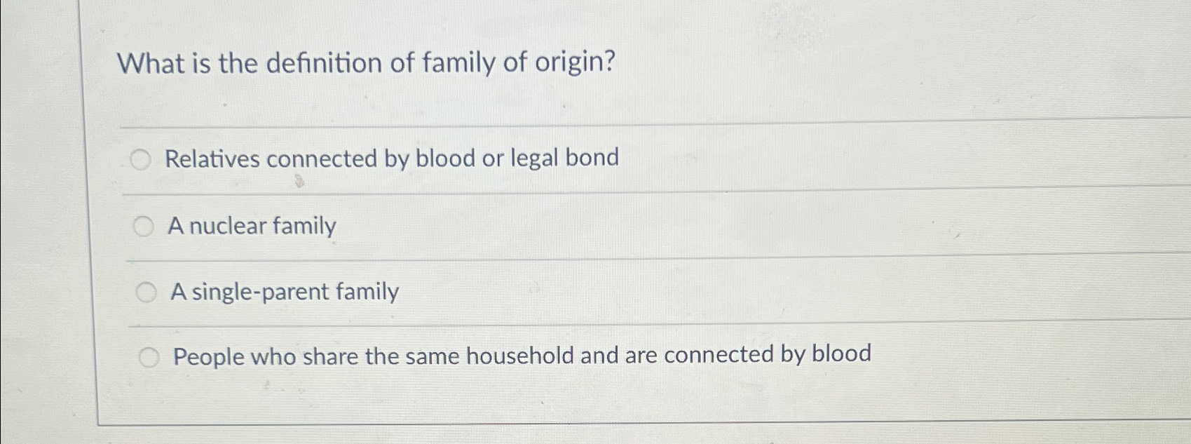Solved What is the definition of family of origin?Relatives | Chegg.com