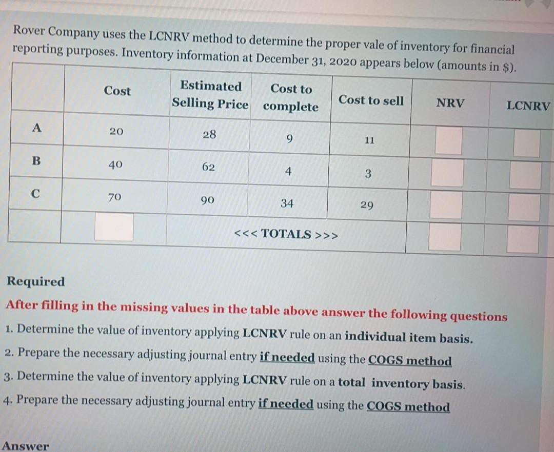 Solved Rover Company uses the LCNRV method to determine the | Chegg.com