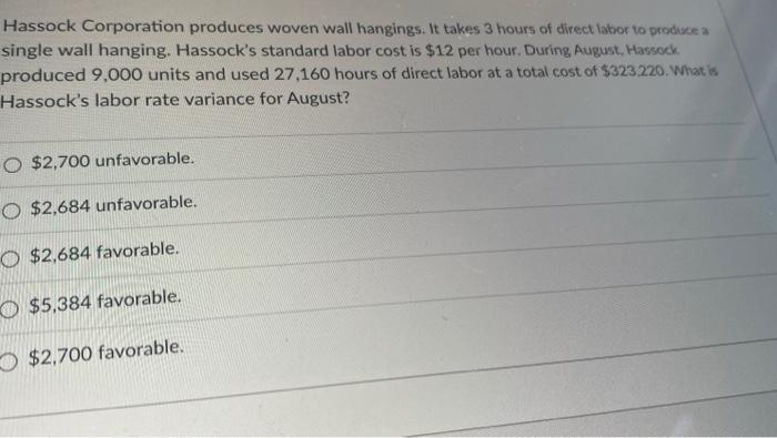 Solved Hassock Corporation produces woven wall hangings. It | Chegg.com