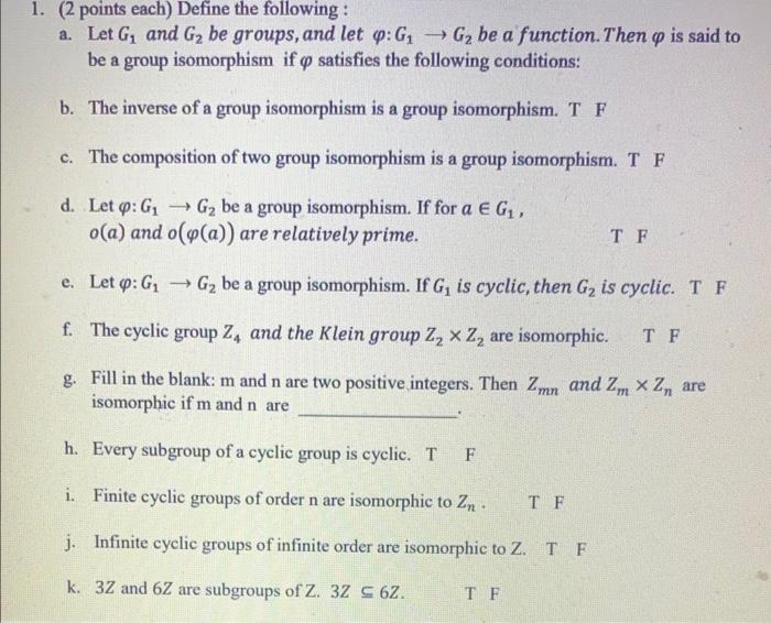 Solved (2 points each) Define the following : a. Let G1 and | Chegg.com