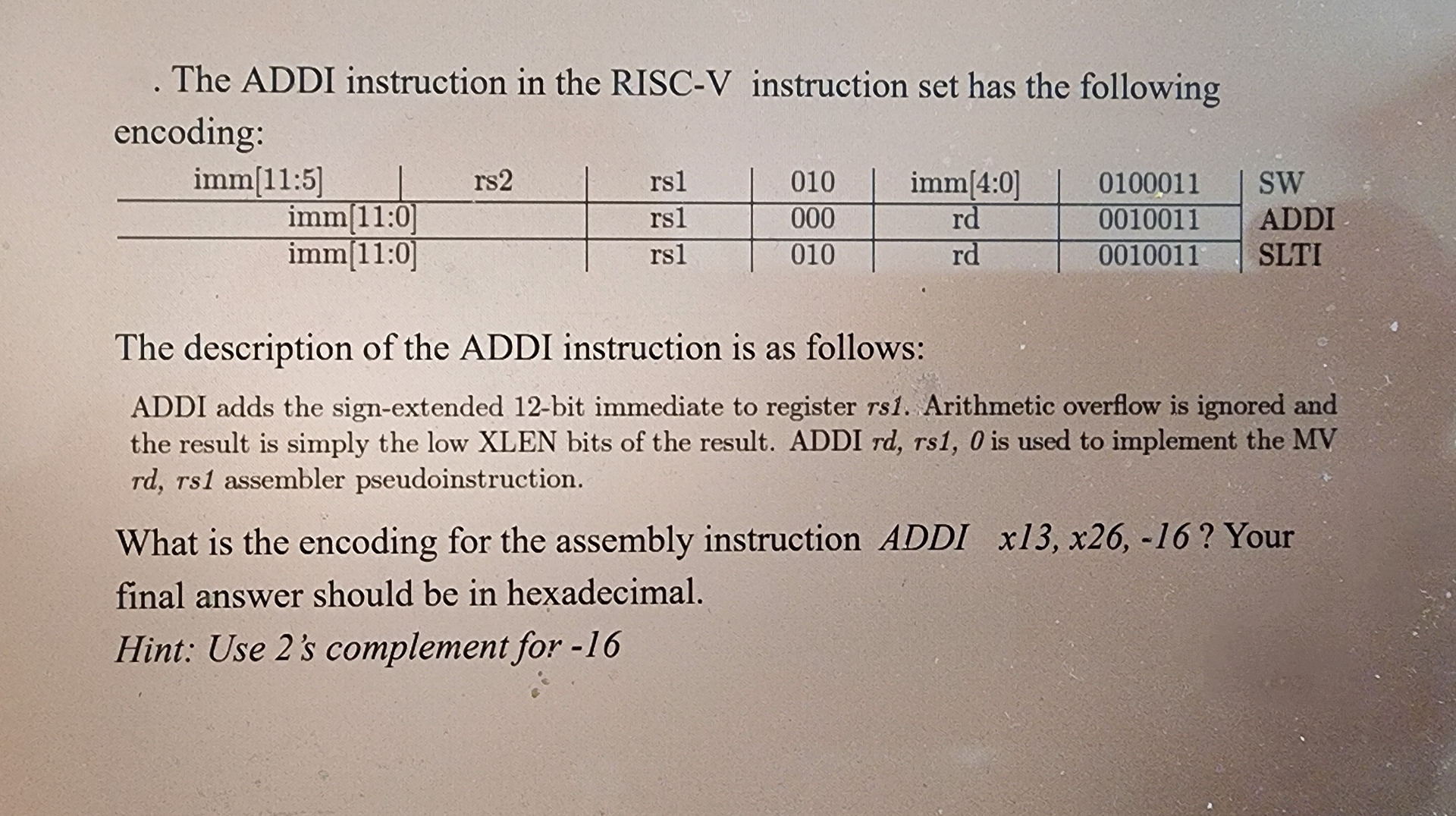 Solved The ADDI instruction in the RISC-V instruction set | Chegg.com