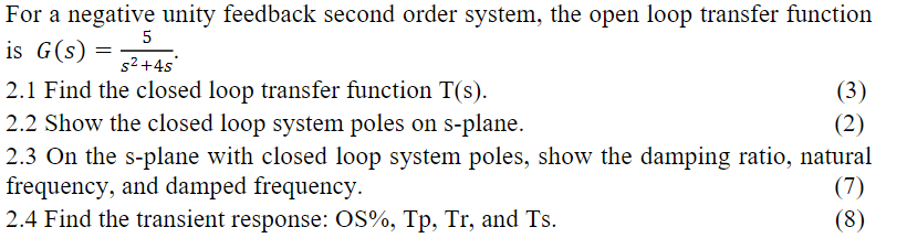 Solved For a negative unity feedback second order system, | Chegg.com