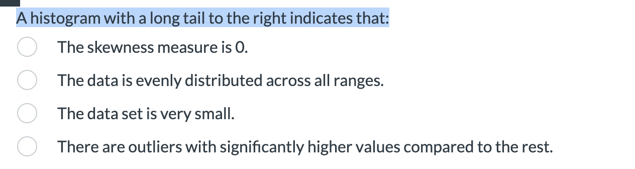 Solved A histogram with a long tail to the right indicates | Chegg.com