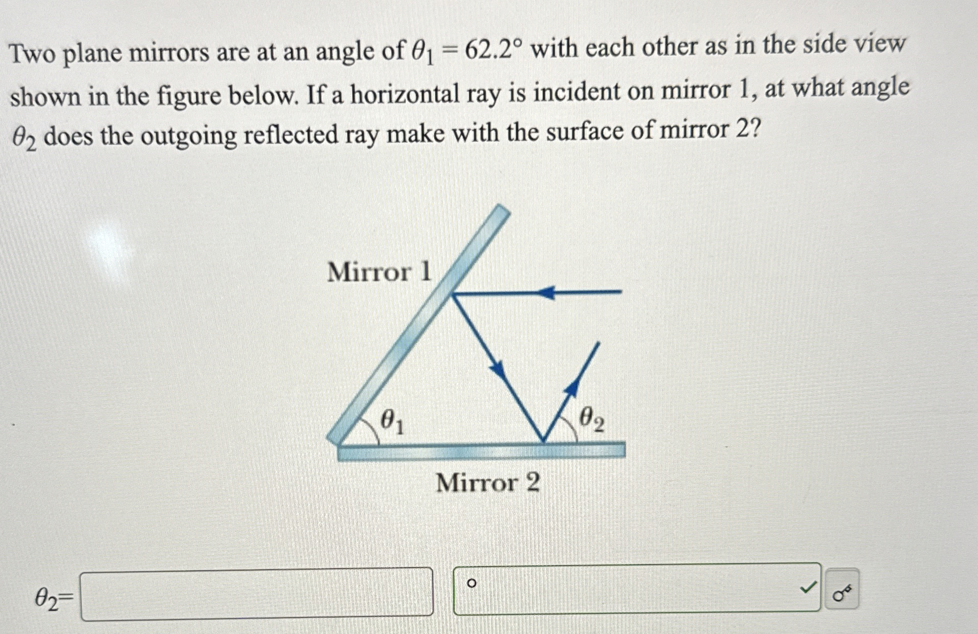 Solved Two plane mirrors are at an angle of θ1=62.2° ﻿with | Chegg.com
