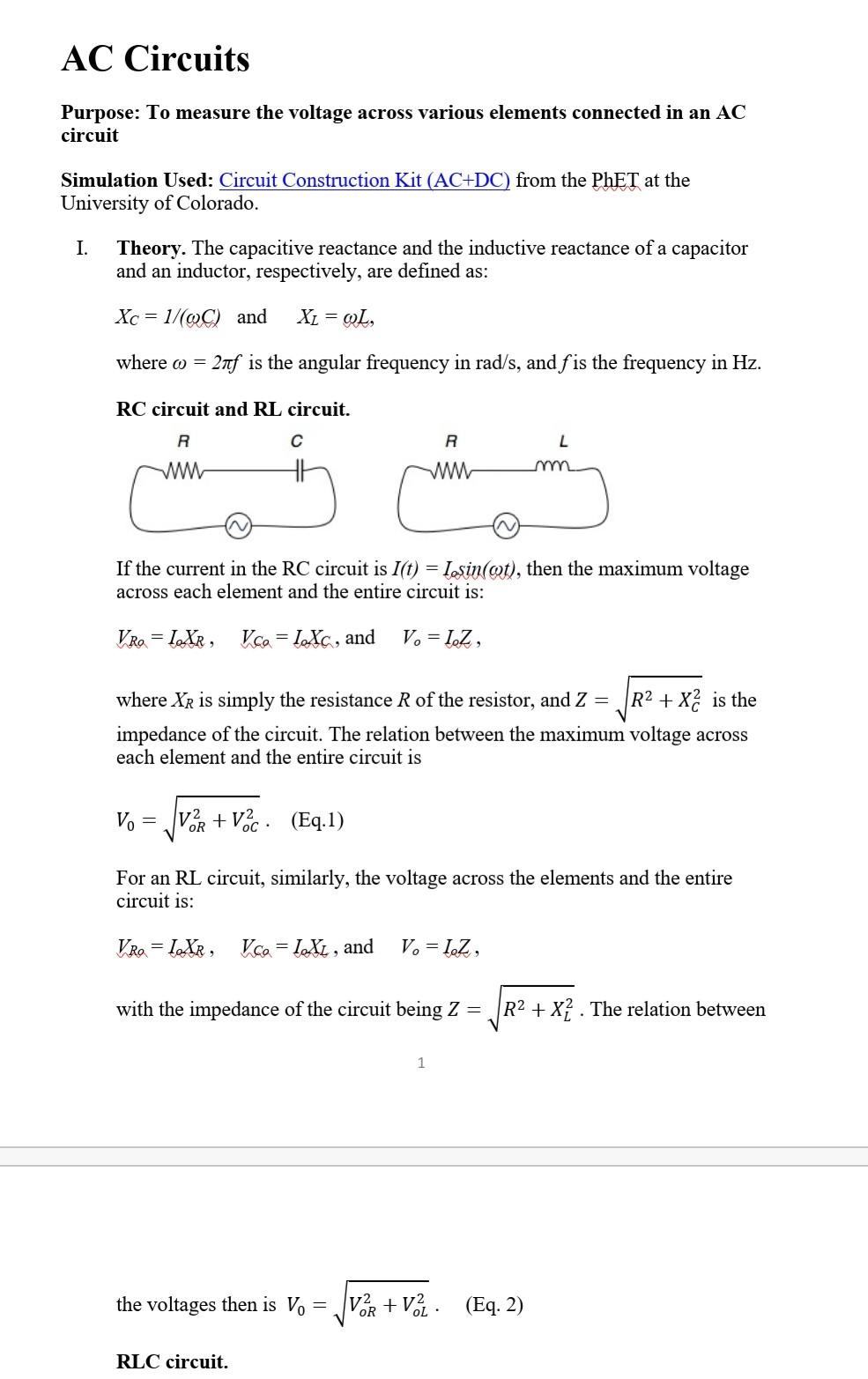 Solved AC Circuits Purpose: To measure the voltage across | Chegg.com