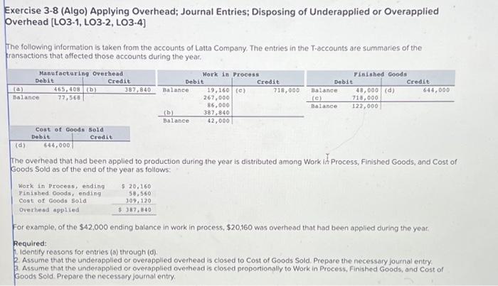Solved Exercise 3-8 (Algo) Applying Overhead; Journal | Chegg.com