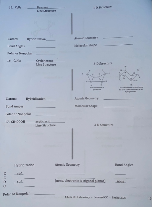 Solved 15. C.H. Benzene Line Structure 3-D Structure Catom: | Chegg.com