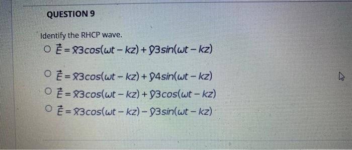 Solved QUESTION 9 Identify the RHCP wave. OF = 83cos(wt - | Chegg.com