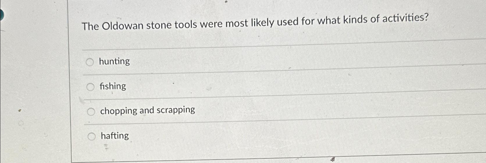 Solved The Oldowan stone tools were most likely used for | Chegg.com