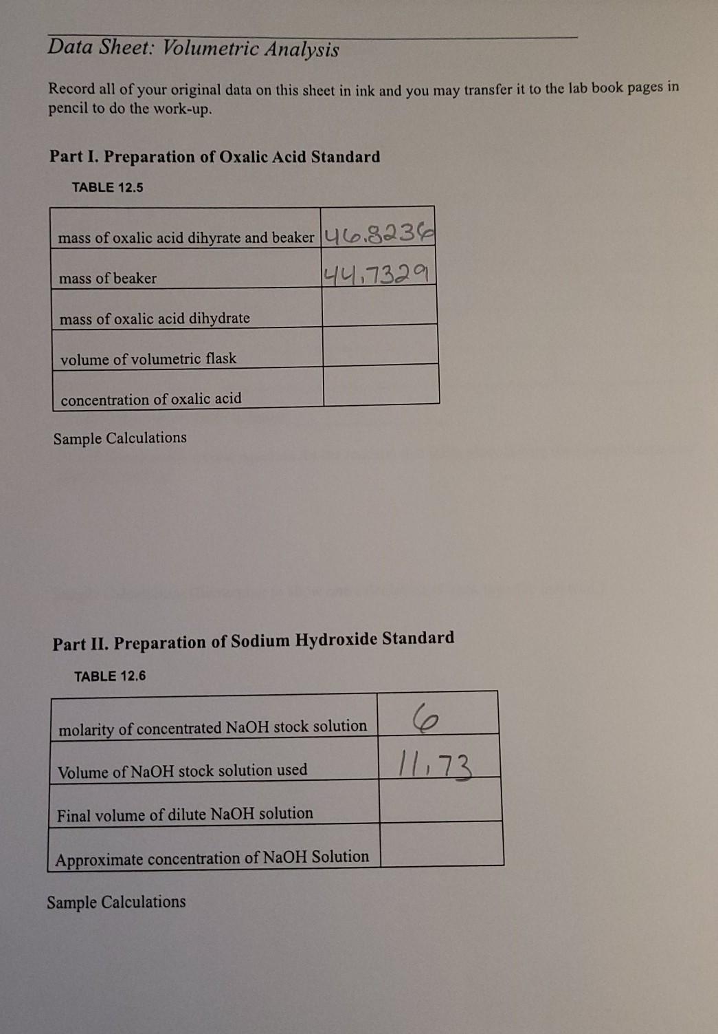 Solved Data Sheet: Volumetric Analysis Record all of your | Chegg.com