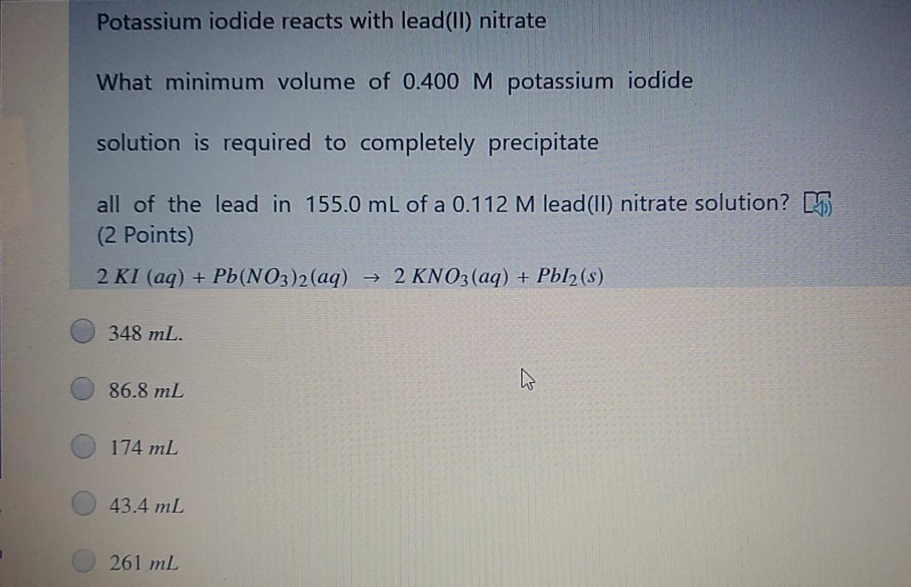 Solved Potassium iodide reacts with lead(II) nitrate What | Chegg.com