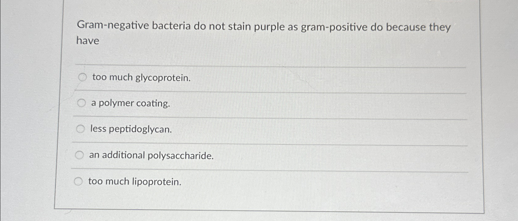 Solved Gram-negative bacteria do not stain purple as | Chegg.com