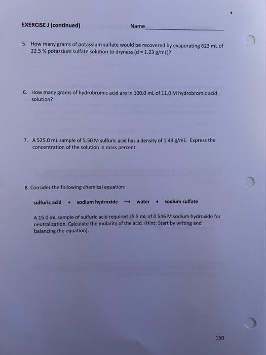 Solved EXERCISE J: Solution Concentrations Name Section Date | Chegg.com