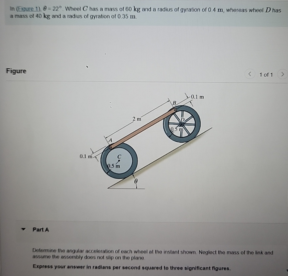Solved In (Figure 1), θ=22°. ﻿Wheel C ﻿has a mass of 60kg | Chegg.com