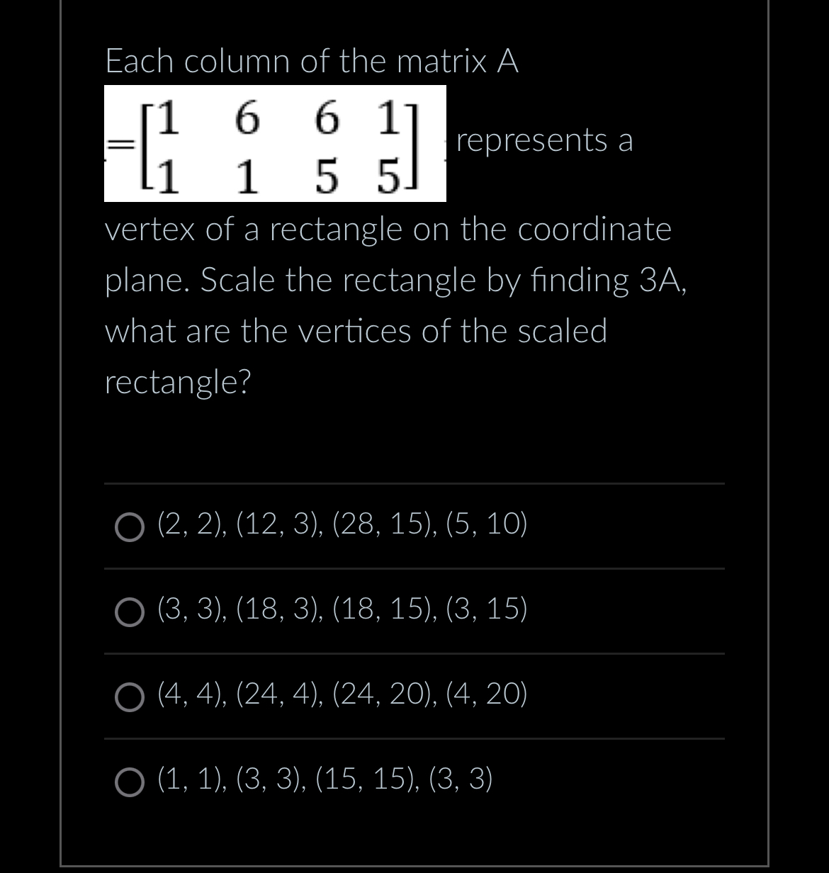 Solved Each column of the matrix A =[16611155] ﻿represents | Chegg.com