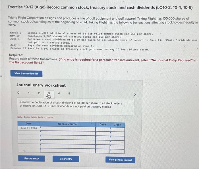 Solved Exercise 10-12 (Algo) Record common stock, treasury | Chegg.com