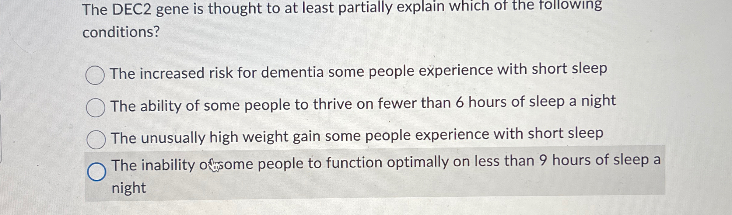 Solved The DEC2 ﻿gene is thought to at least partially | Chegg.com