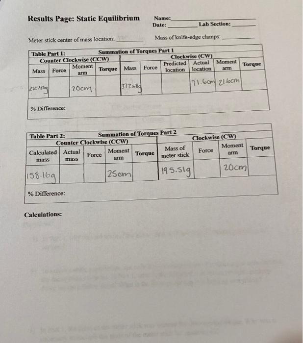 Solved Lab: Static Equilibrium Date: Name: Lab Section: | Chegg.com