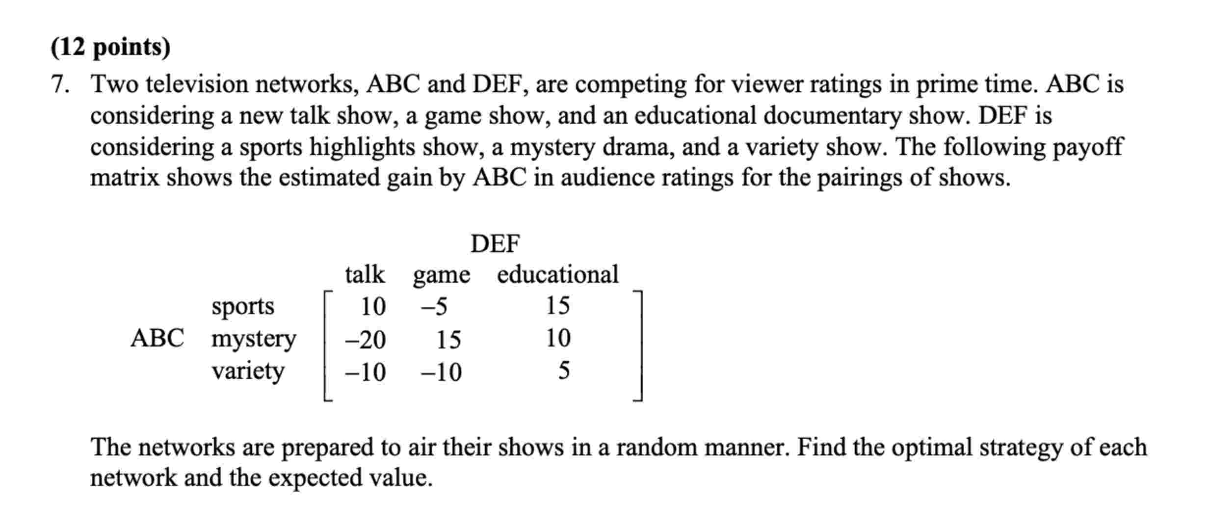 Solved (12 ﻿points)Two television networks, ABC and DEF , | Chegg.com