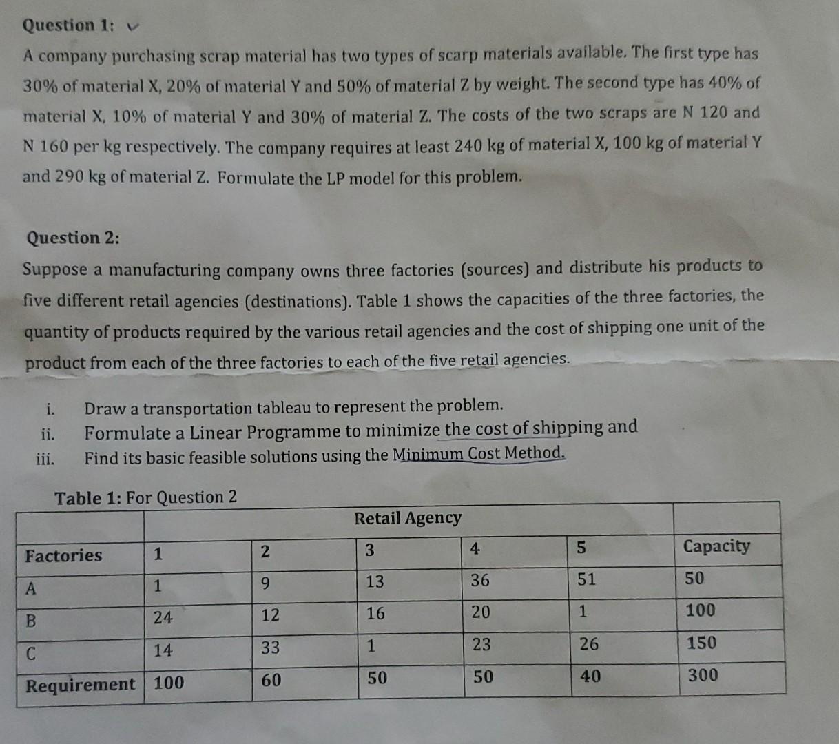 Solved Question 1: A company purchasing scrap material has | Chegg.com