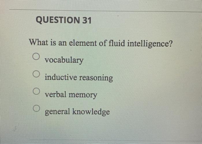 Solved QUESTION 31 What is an element of fluid intelligence? | Chegg.com