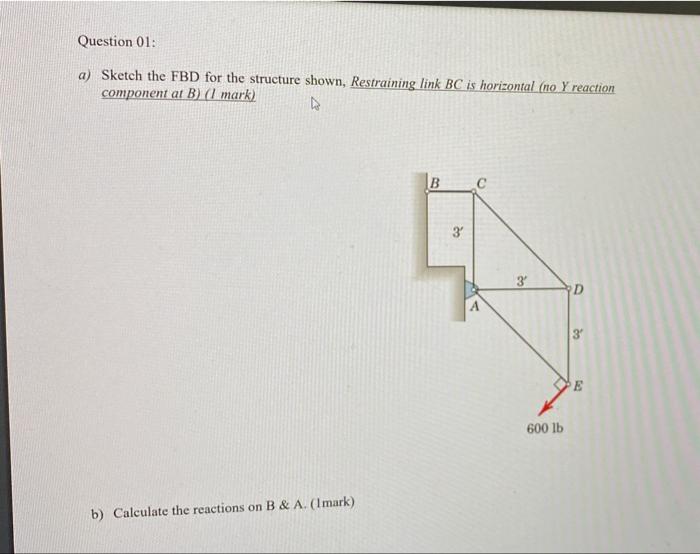 Solved Question 01: a) Sketch the FBD for the structure | Chegg.com