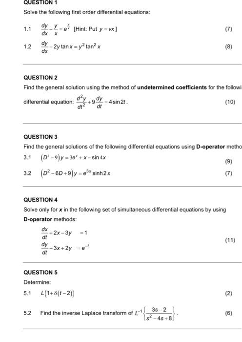 Solved QUESTION 1 Solve the following first order | Chegg.com