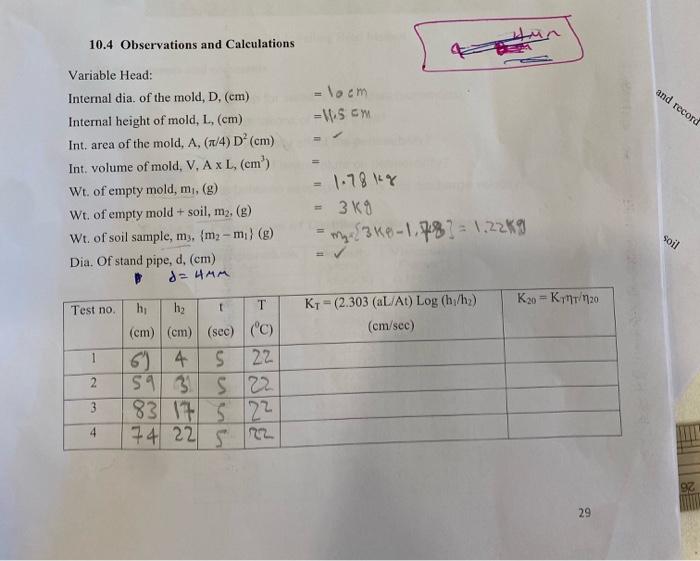Solved 10.4 Observations and Calculations Variable Head: | Chegg.com