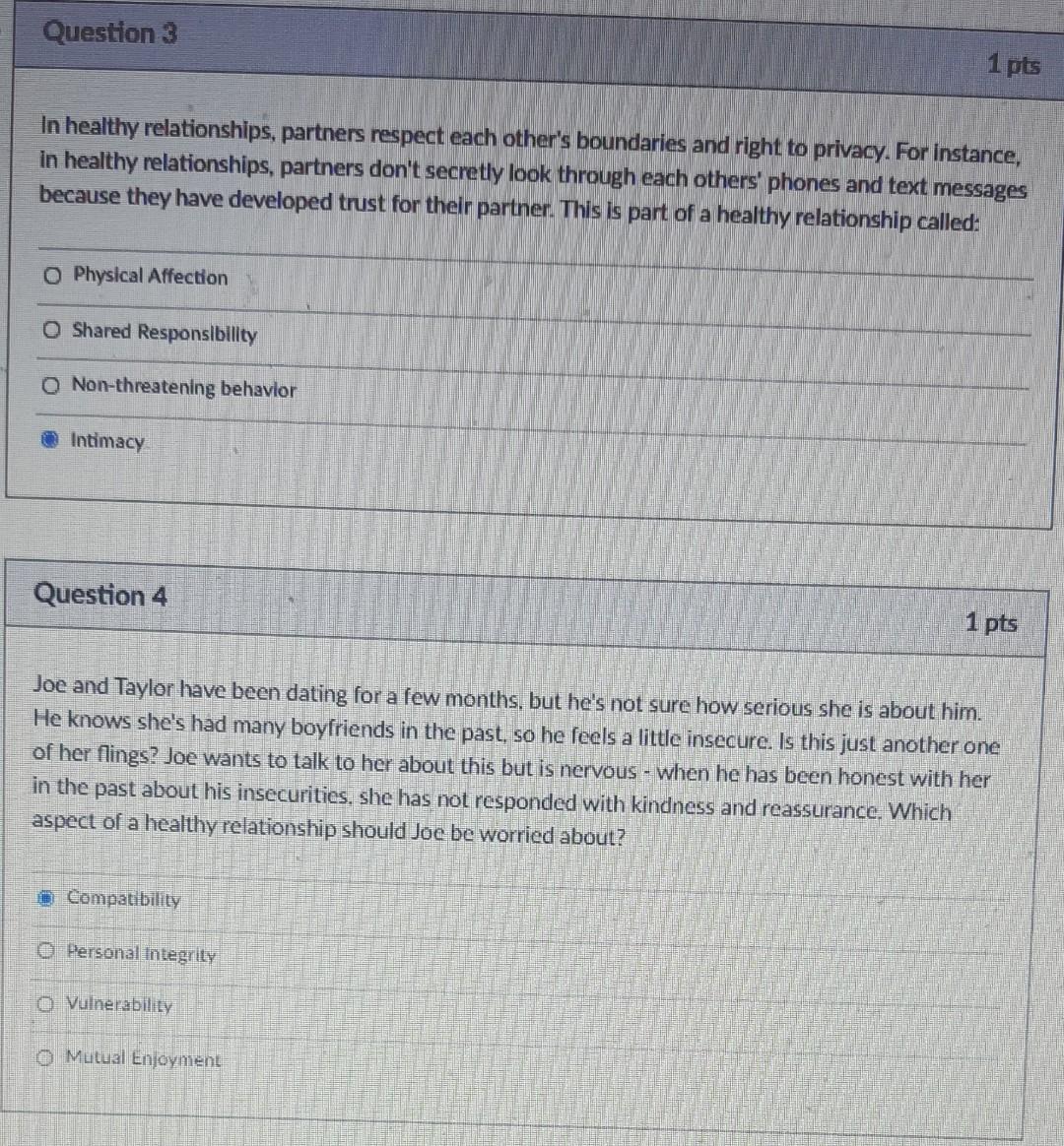 Solved Question 3 1 pts In healthy relationships, partners | Chegg.com