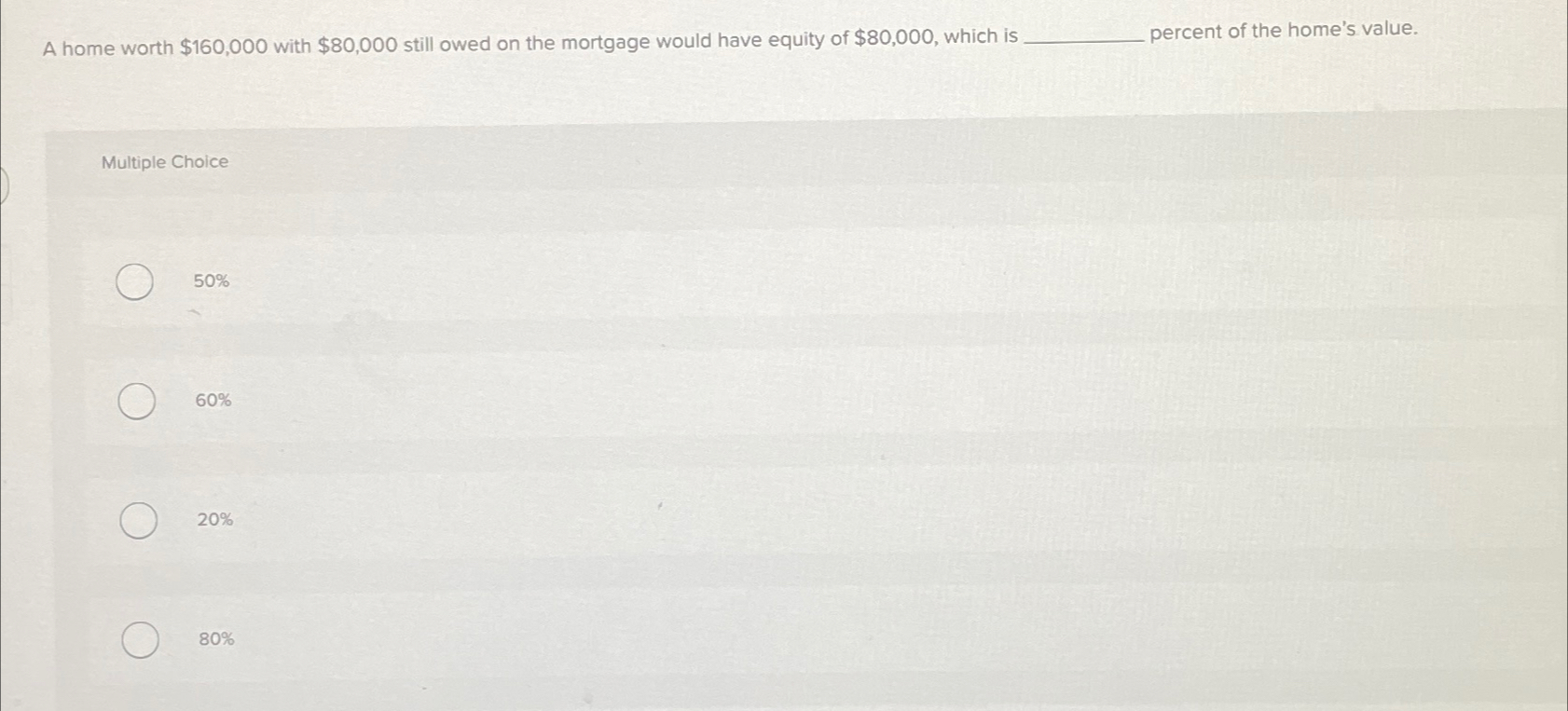 Solved A home worth $160,000 ﻿with $80,000 ﻿still owed on | Chegg.com