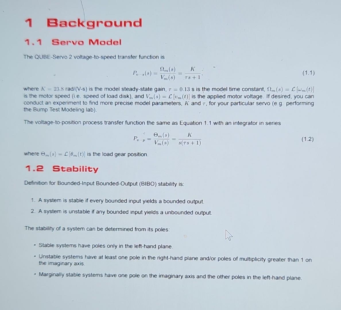 The QUBE-Servo 2 voltage-to-speed transfer function | Chegg.com