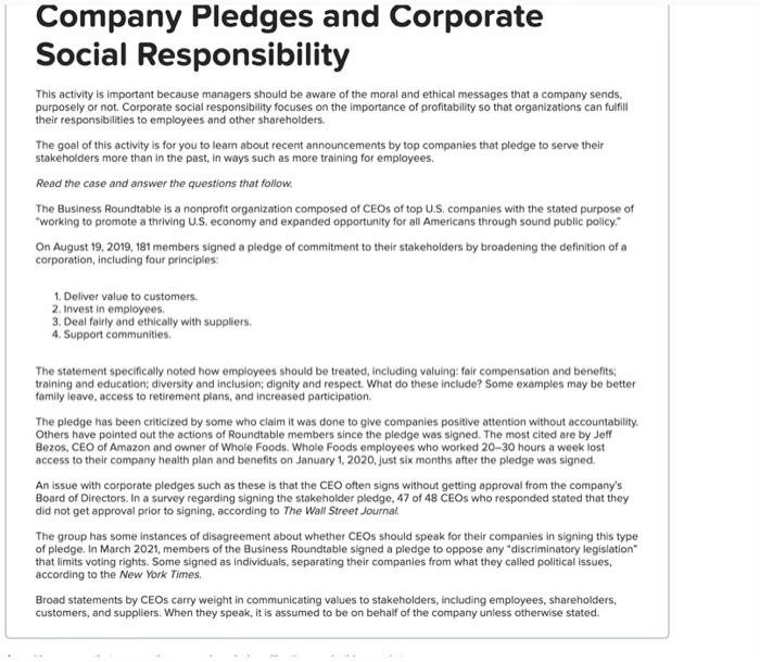 Solved Company Pledges and Corporate Social Responsibility | Chegg.com