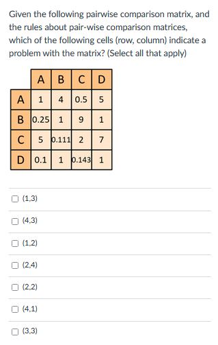 Solved Given the following pairwise comparison matrix, | Chegg.com