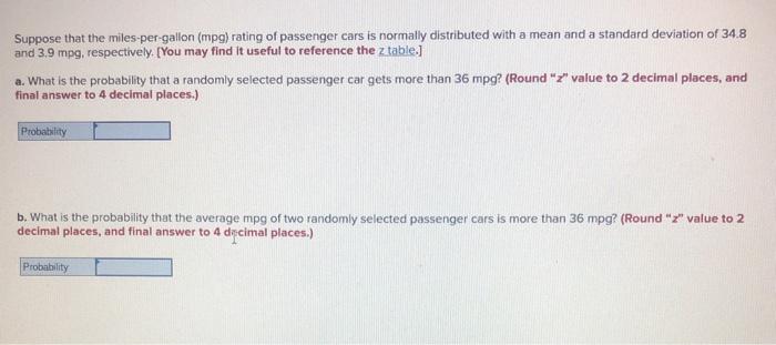 Solved Suppose that the miles-per-gallon (mpg) rating of | Chegg.com