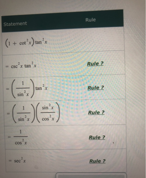 Solved Rule Statement (1 + cot cot²x) tan²x Rule ? = CSC x | Chegg.com