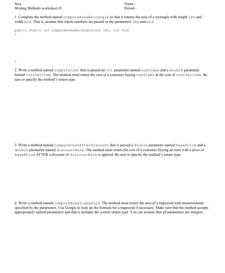 Solved Java Writing Methods worksheet #1 Name - Period - 1. | Chegg.com