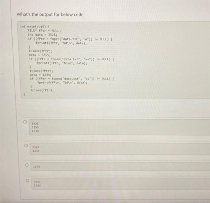 Solved Int main(vold) \& FILE: fPtr = NuLL; Int data -3526 ; | Chegg.com