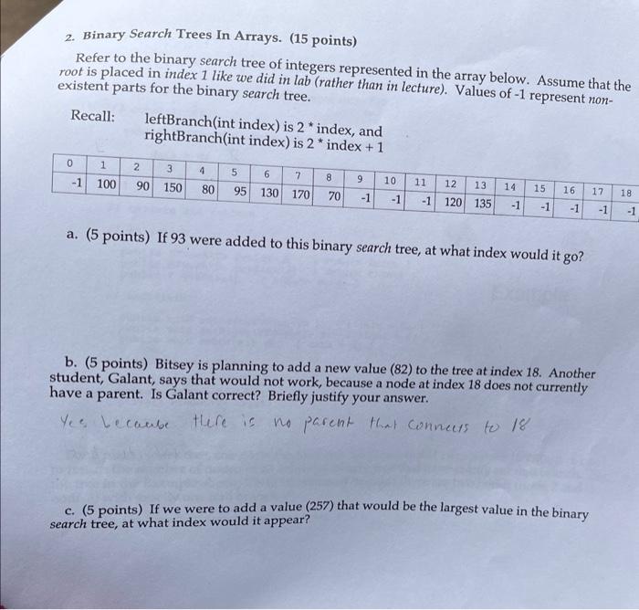 Solved 2. Binary Search Trees In Arrays. (15 points) Refer | Chegg.com