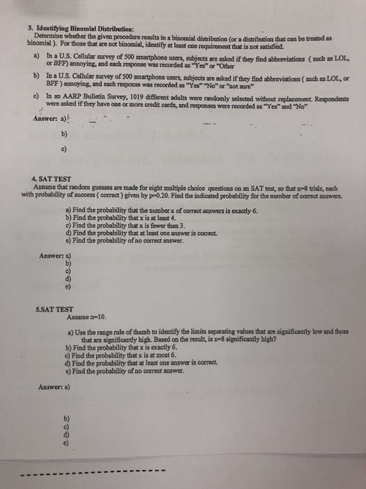 Solved 3. Identifying Binomial Distribution: Determine | Chegg.com