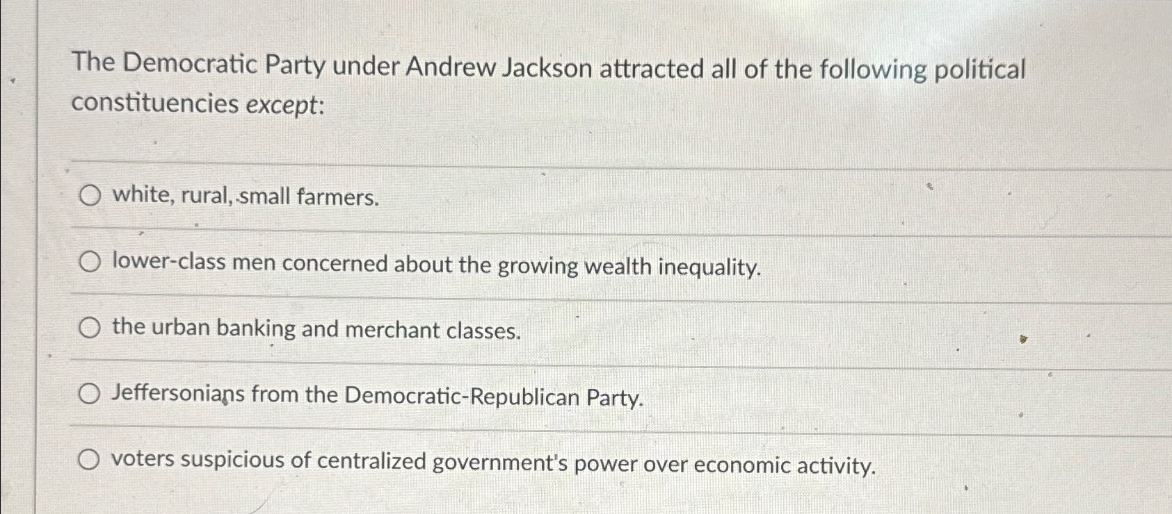 Solved The Democratic Party under Andrew Jackson attracted | Chegg.com
