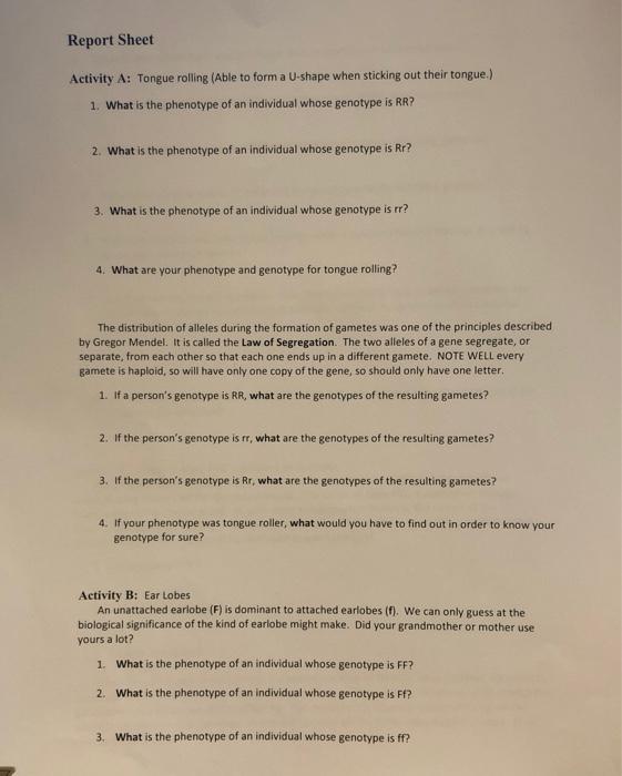 Solved Report Sheet Activity A: Tongue rolling (Able to form | Chegg.com
