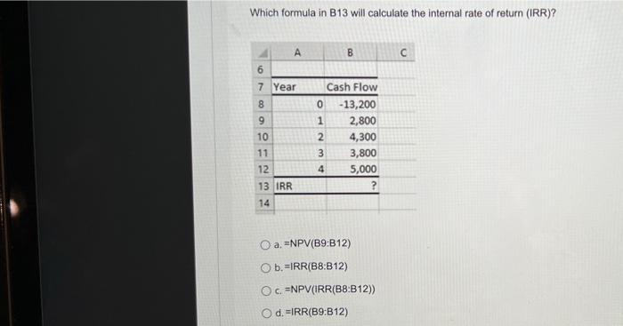 Solved Which formula in B13 will calculate the internal rate | Chegg.com