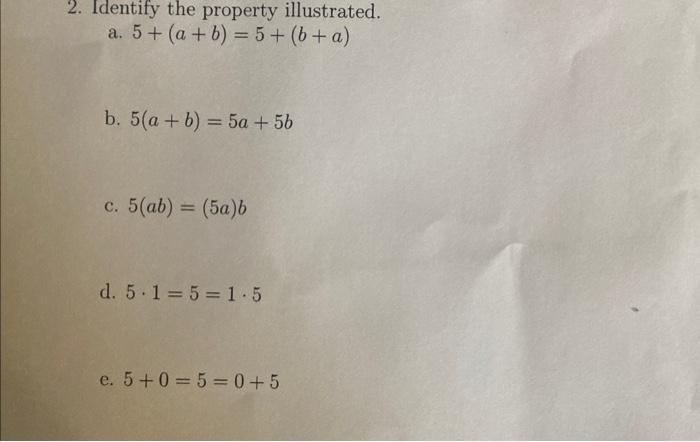 Solved 5+(a+b)=5+(b+a) 5(a+b)=5a+5b 5(ab)=(5a)b 5⋅1=5=1⋅5 | Chegg.com