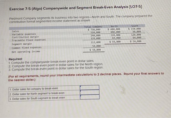 Solved Exercise 7-5 (Algo) Companywide and Segment | Chegg.com