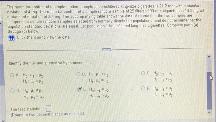 Solved The mean tar content of a simple random sample of 25 | Chegg.com