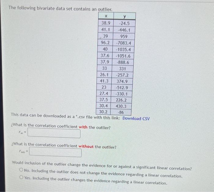 Solved The following bivariate data set contains an nutlior | Chegg.com