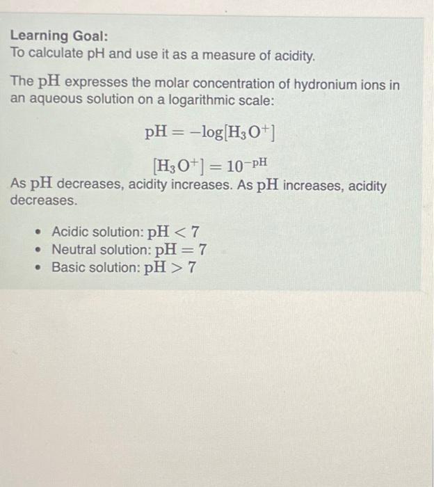 Solved Learning Goal: To calculate pH and use it as a | Chegg.com