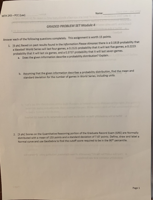 Solved Name: MTH 243-PCC (Lee) GRADED PROBLEM SET Module 4 | Chegg.com