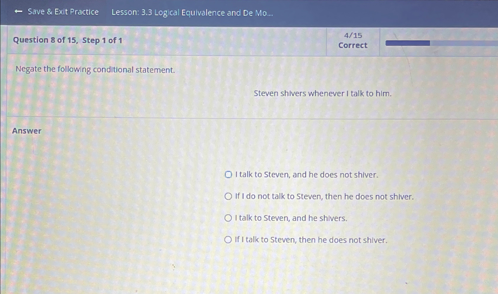 Solved larr Save & Exit PracticeLesson: 3.3 ﻿Logical | Chegg.com