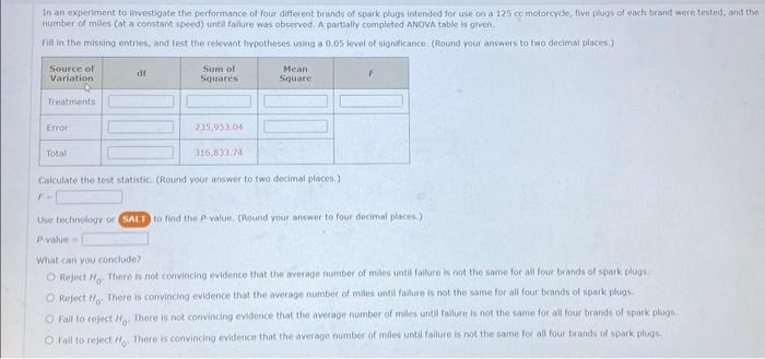 Solved In an experiment to investigote the performance of | Chegg.com